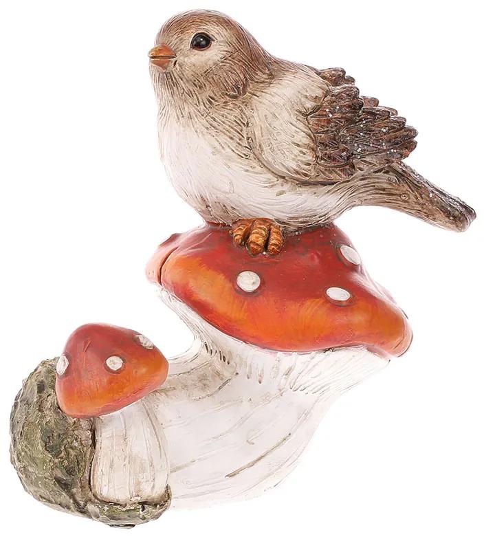 Ptáček sedící na červené houbě. Polyresin ALA278-RED