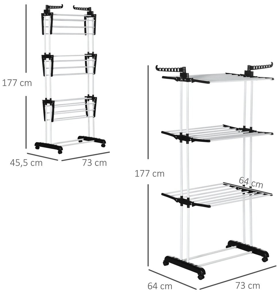 HOMCOM Věžový sušák na prádlo s kolečky 4 úrovněmi výsuvný stojanový sušák černý 73 x 45,5 x 177 cm pro úsporné sušení