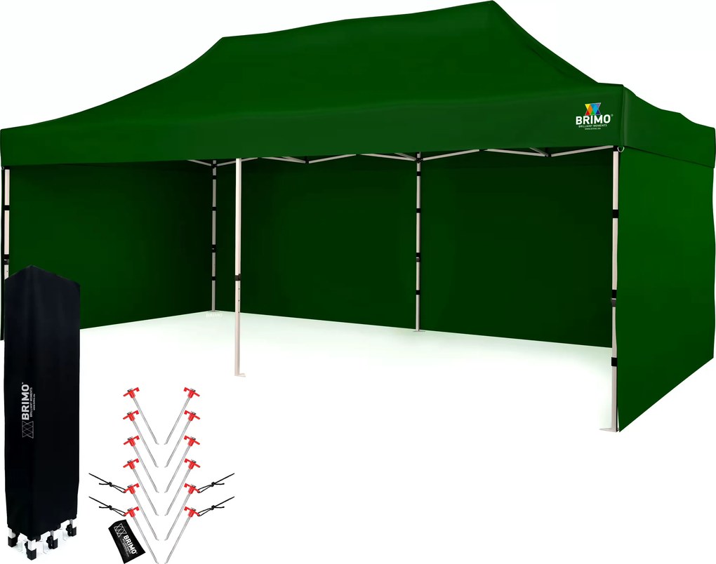 BRIMO Párty stan 3x6m Nožnicový (3 stěny) - Ocelová Konstrukce a Plachta 330g/m² - s 3 stěnami - Zelená S. Ocel