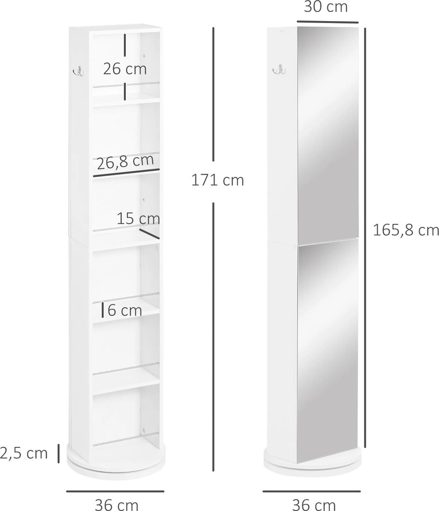 kleankin Otáčecí koupelnová sloupcová skříň s zrcadlem - 6 polic - 36 x 171 cm Bílá