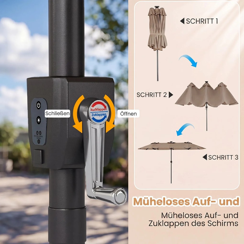 Costway Dvojitý slunečník s LED osvětlením Obdélníkový – 400 × 210 cm, hnědý