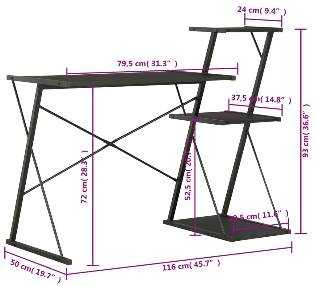 vidaXL Marketos Psací stůl s poličkou černý 116 x 50 x 93 cm