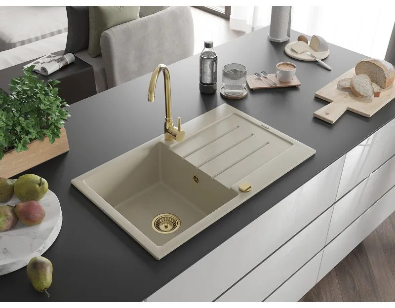 Mexen Bruno, 1-komorový granitový dřez s odkapávačem 795x495x200 mm a zlatá kuchyňská baterie Telma, béžová, 6513-69-670200-50