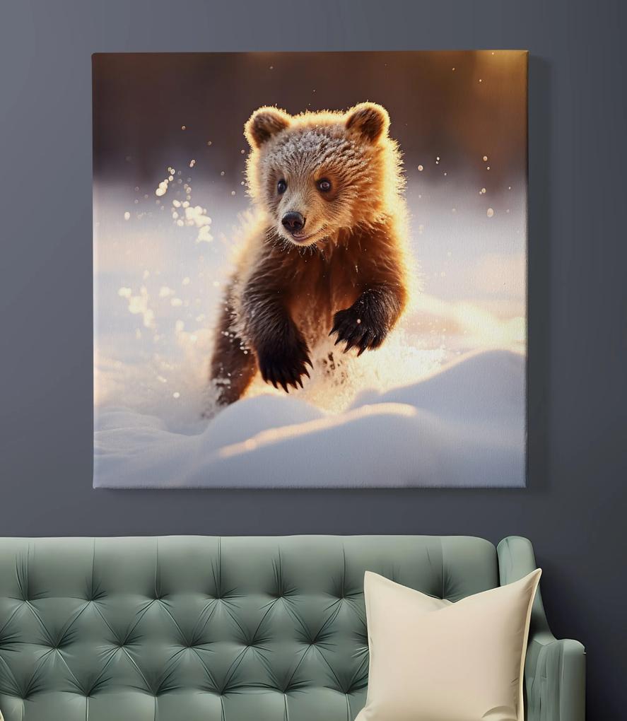 Obraz na plátně - Medvídě skotačí v zimní krajině FeelHappy.cz Velikost obrazu: 120 x 120 cm
