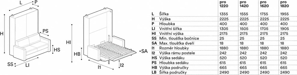 PESSOTTO kování pro sklopnou postel dvoulůžko Dynamic + sedačka Sofa 200x160cm vertikální Šířka područek: 17 cm