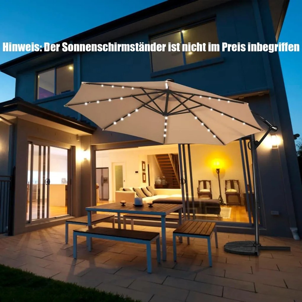 Costway Slunečník s LED solárním osvětlením otočný na zahradu Ø 300 cm, béžový