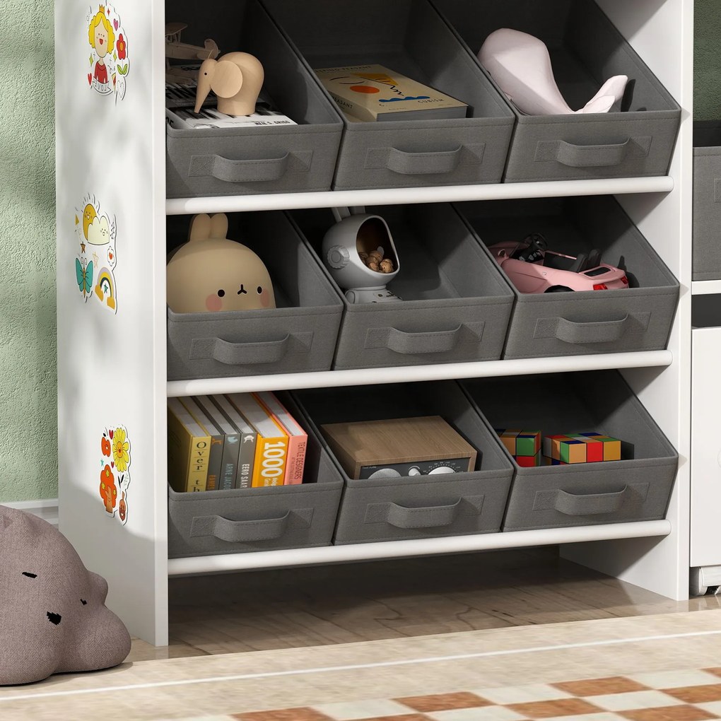 AIYAPLAY Úložný regál na hračky pro děti s 11 odnímatelnými koši a samolepkami pro hernu 105x30x80 cm Bílý