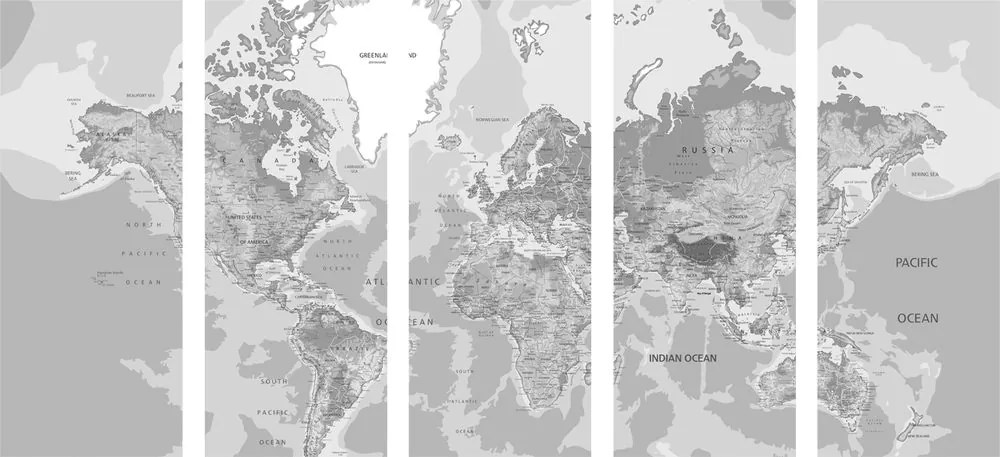 5-dílný obraz klasická mapa světa v černobílém provedení
