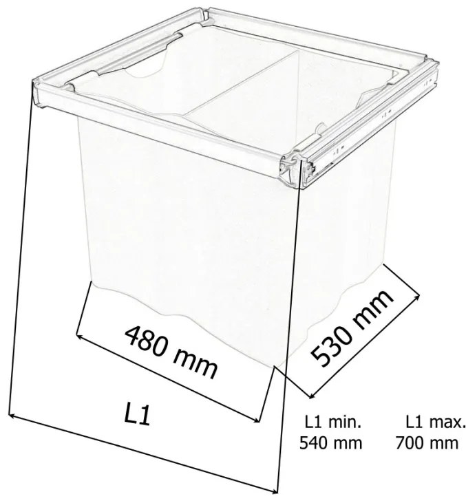 In-Design Koš na prádlo s rámem plný výsuv tlumené zavírání šedý Šířka koše (mm): 480 mm, Minimální nastavitelná šířka: 540 mm, Maximální nastavitelná šířka: 700 mm