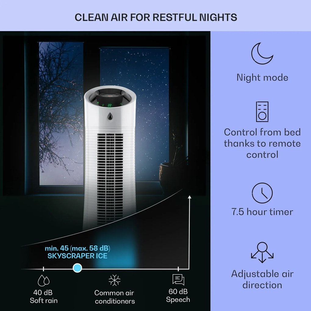 Klarstein Skyscraper Ice 4 v 1, ventilátor, ochlazovač vzduchu, čistička vzduchu, zvlhčovač vzduchu, 210 m³/h, 45 W, oscilace, mobilní, dálkové ovládání
