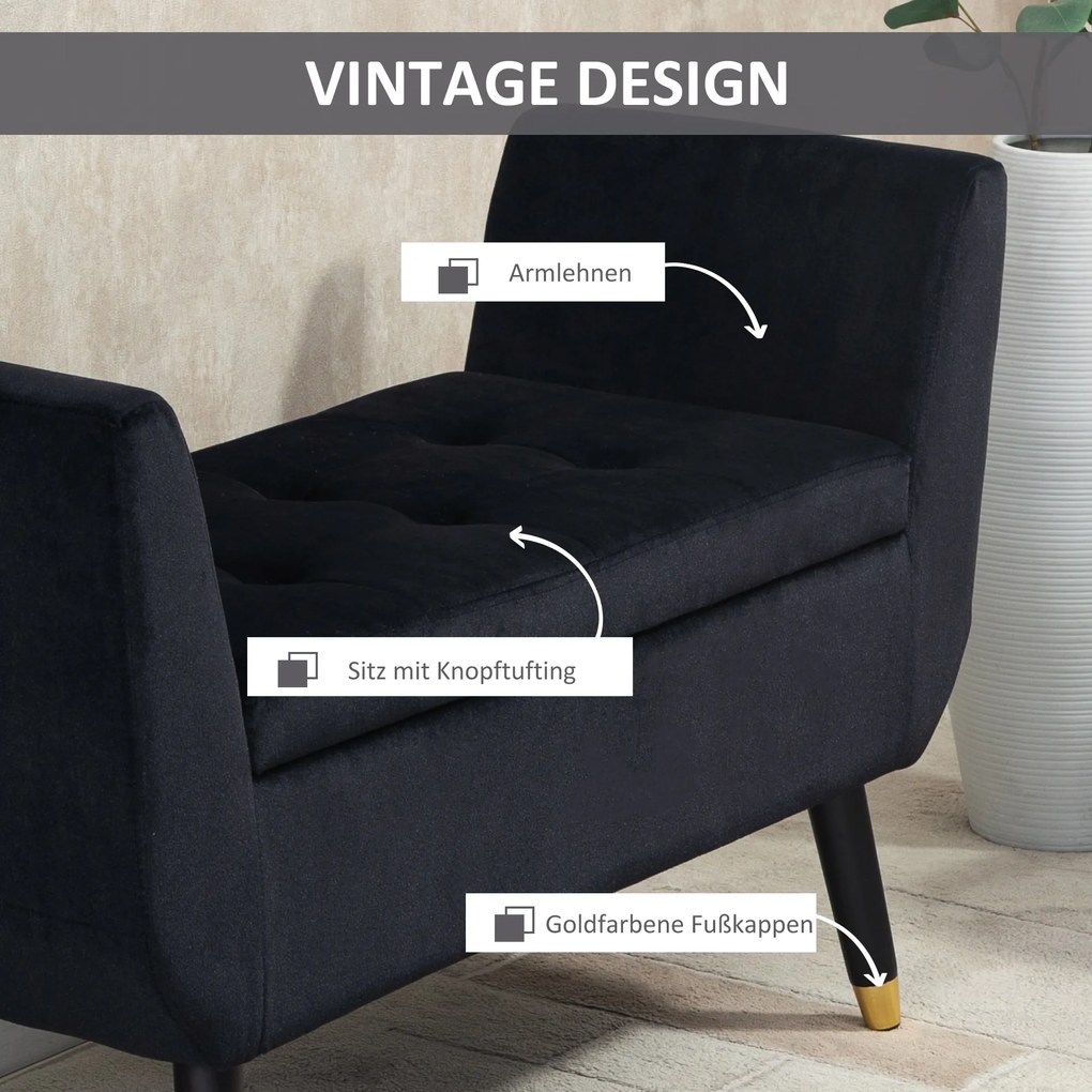 HOMCOM Luxusní čalouněná lavice s úložným prostorem a područkami, sametový polyester, kaučukové dřevo, černá, 107x42x65cm do obývacího pokoje a předs…