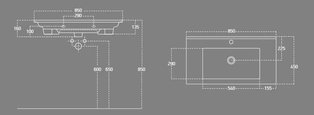 Aqualine, ZUNO 85 nábytkové umyvadlo 85x45cm, 9085
