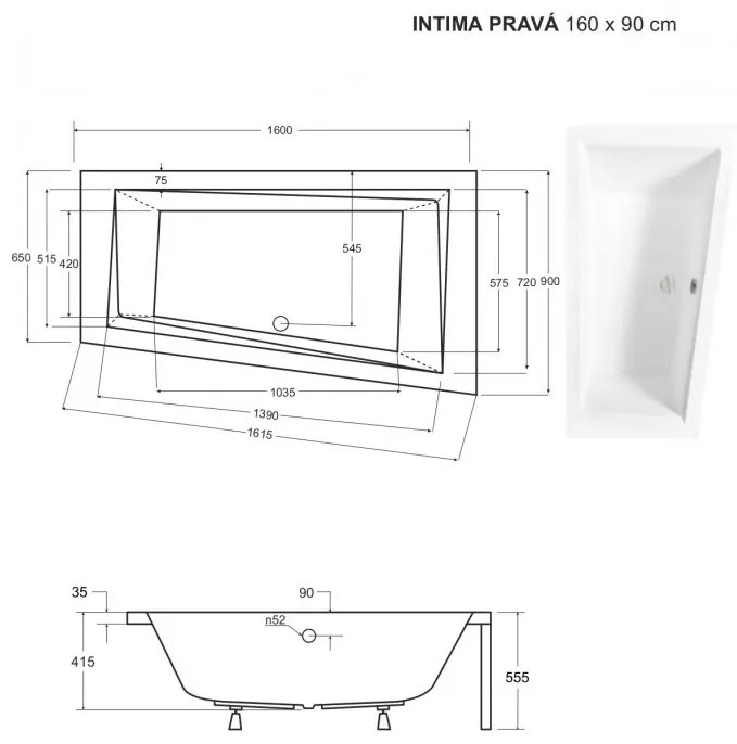 BESCO Asymetrická vana INTIMA Nožičky k vaně - S nožičkami, Rozměr vany - 160 × 90 cm, Způsob provedení - Pravé VANINTI16P+OLVPINOZSTELI