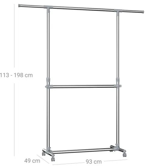 Dvojitý šatní stojan na kolečkách, výška 113–198 cm