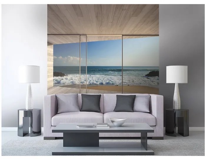 DIMEX | Vliesová fototapeta na zeď Okno na pláž MS-3-0042 | 225 x 250 cm | béžová, modrá, bílá