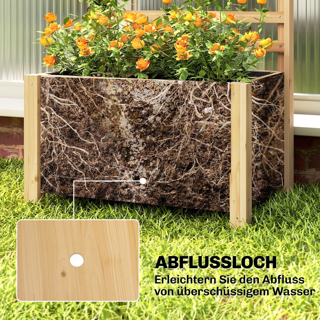 Vyvýšený truhlík Outsunny s mříží — přírodní smrkové dřevo, odtokový otvor, netkaná vložka, 60 x 39 x 120 cm