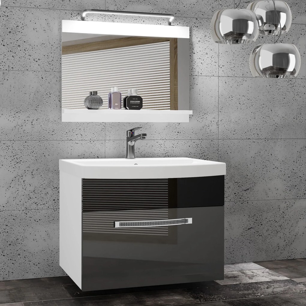 Koupelnový nábytek Belini Premium Full Version šedý lesk / černý lesk + umyvadlo + zrcadlo + LED osvětlení Glamour 12