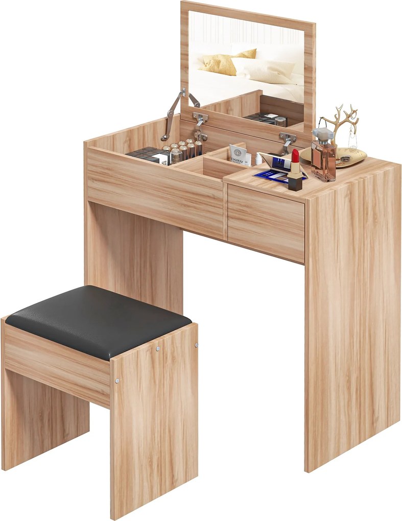 HOMCOM Toaletní stolek s taburetem a sklopným zrcadlem, 80x40x79 cm a 40x30x40 cm, přírodní | Aosom