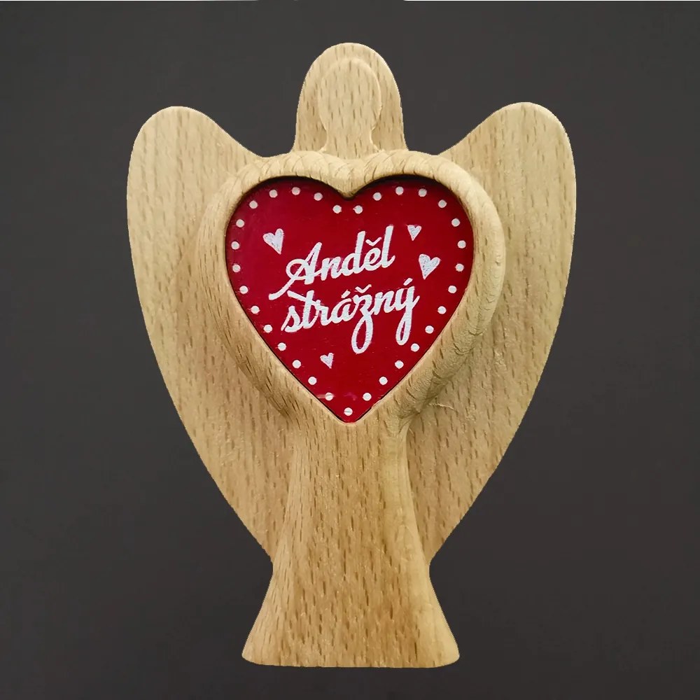 AMADEA Dřevěný anděl s vkladem - srdíčko s textem Anděl strážný, masivní dřevo, výška 11 cm, český výrobek