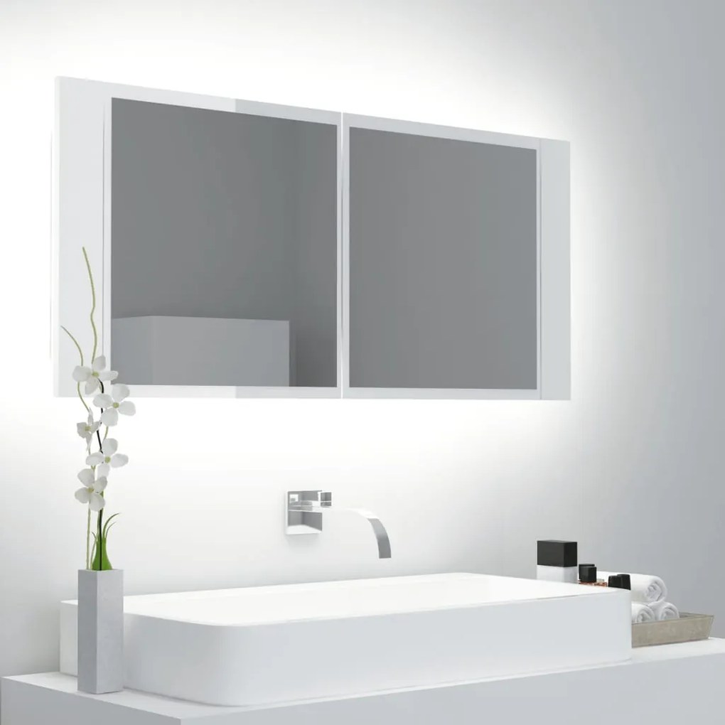804985 vidaXL LED koupelnová skříňka se zrcadlem lesklá bílá 100 x 12 x 45 cm
