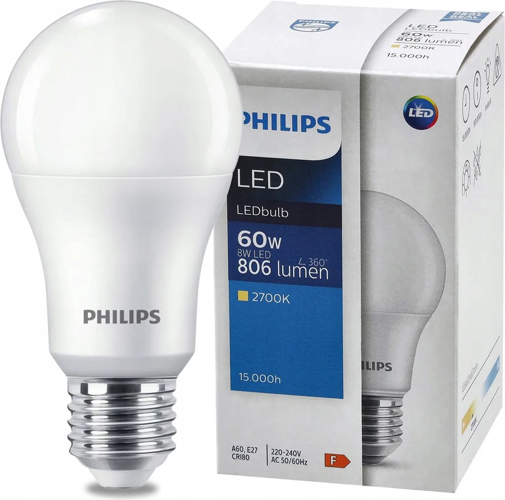 LED žárovka E27 PHILIPS 8W 806lm 2700K A60 - teplá bílá