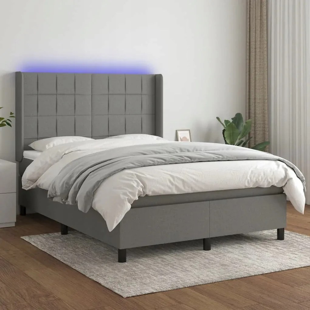 Box Spring Postel S Matrací A Led Textil Tmavě Šedá Blok se čtverci 140 x
