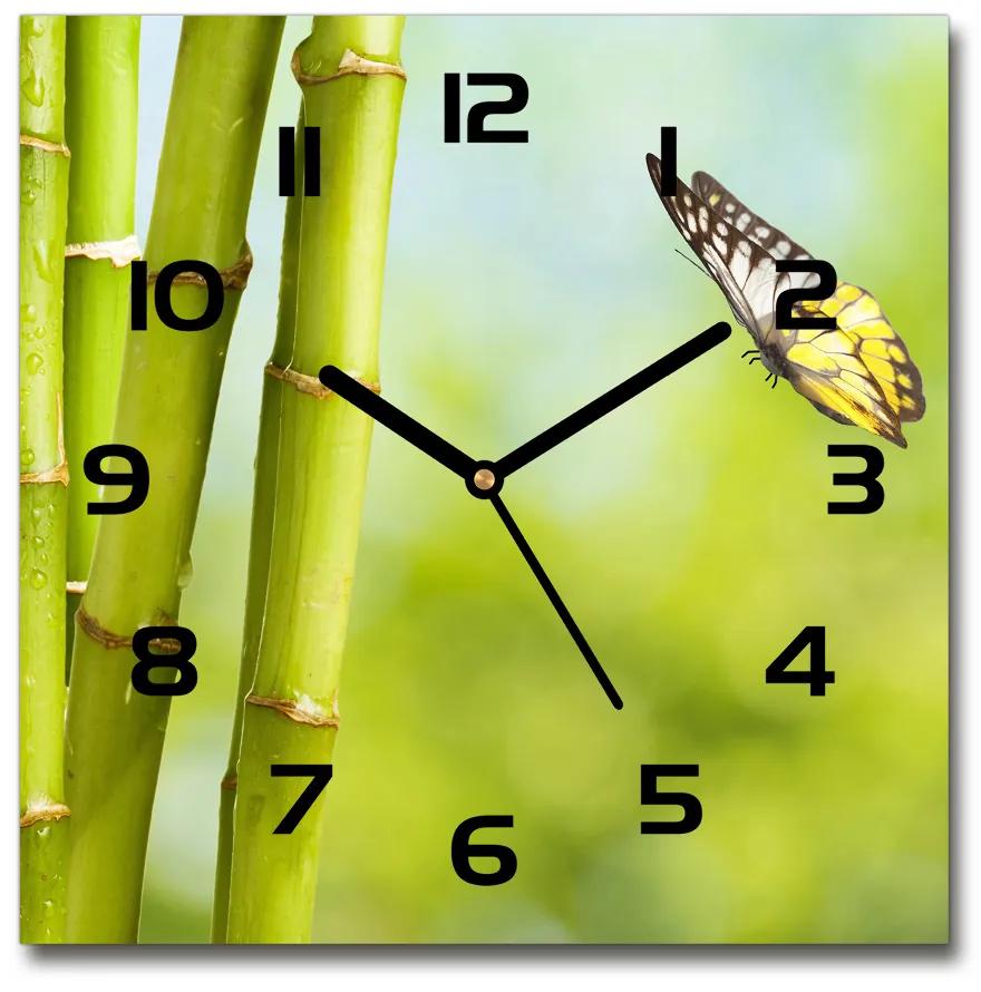 Wallmuralia Skleněné hodiny čtverec Bambus a motýl 30x30 cm