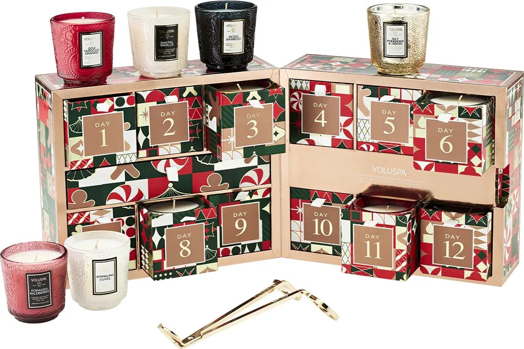 Voluspa 12denní adventní kalendář Holiday se zlatými nůžkami, 12×72 g