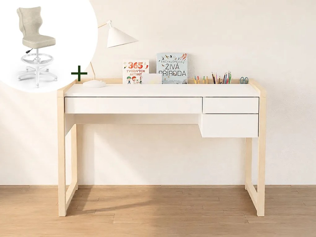 Benlemi Stůl STOLLY se 3 šuplíky a pastelkovníkem do dětského pokoje + ergonomická židle BÉŽOVÁ Zvolte rozměr židle: dítě 119 - 142 cm (výška stolu 71 - 82 cm)