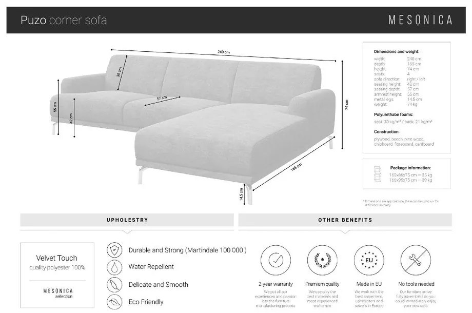 Tmavě šedá sametová rohová pohovka MESONICA Puzo, levý roh