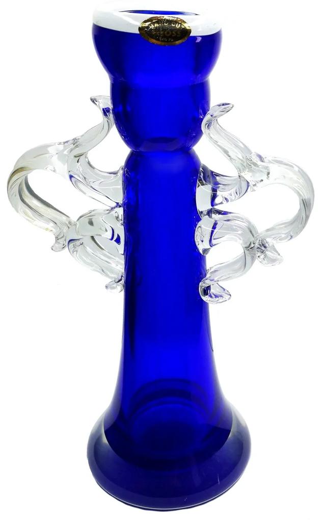 Váza hutní modrá úzká s ozdobami 28 cm