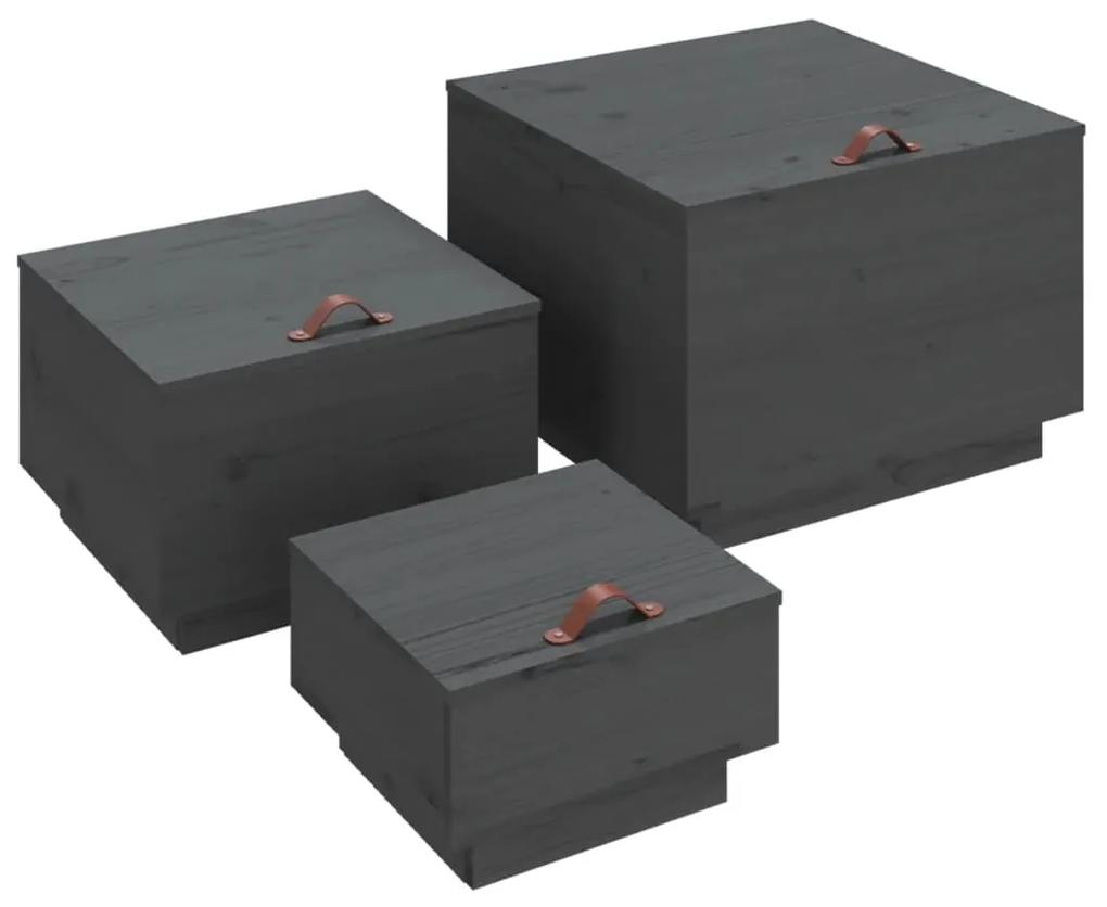818247 vidaXL Úložné boxy s víkem 3 ks šedé masivní borové dřevo