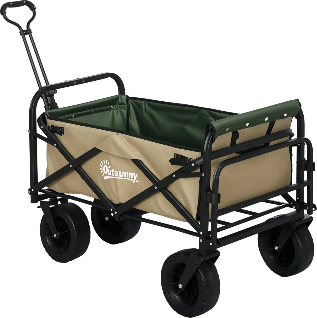 Skládací vozík Outsunny, transportní vozík s madlem, plážový vozík, zahradní vozík s nosnou taškou, max. nosnost 100 kg, Oxford, khaki | Aosom