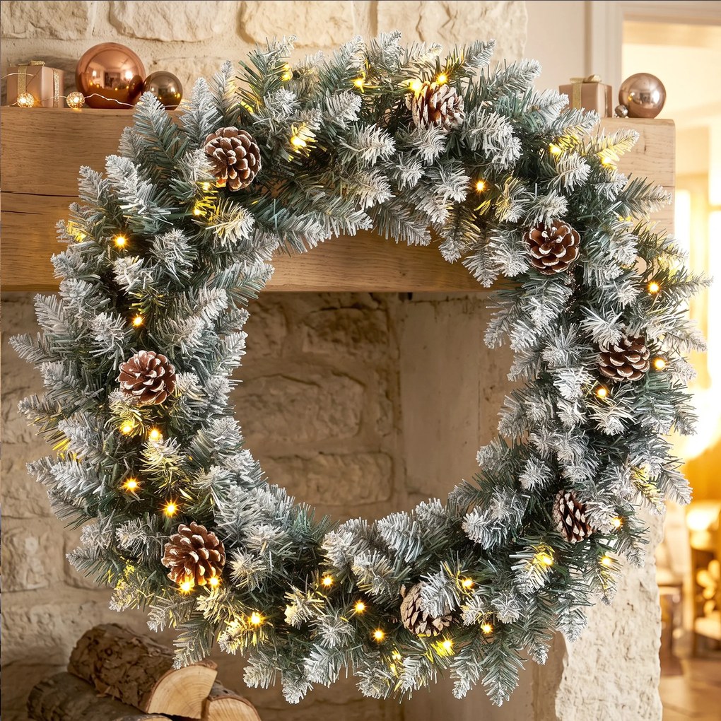 HOMCOM Vánoční věnec 60 cm Osvětlený věnec na dveře s 50 LED Šišky Umělý sníh na Vánoce Adventní dveře