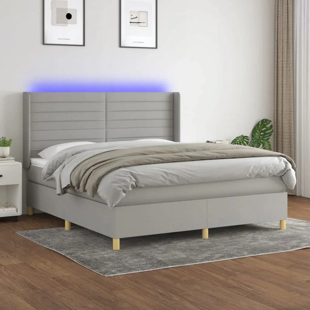 Box Spring Postel S Matrací A Led Textil Světle Šedá vodorovné pruhy 180