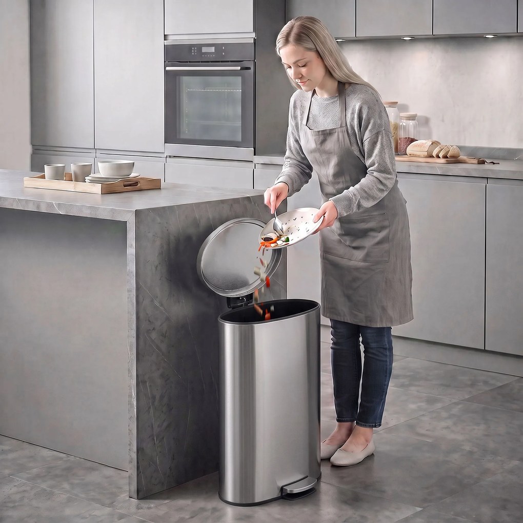 HOMCOM Odpadkový koš s víkem Soft-Close, pedálový koš s vyjímatelným vnitřním kbelíkem 30L, stříbrný