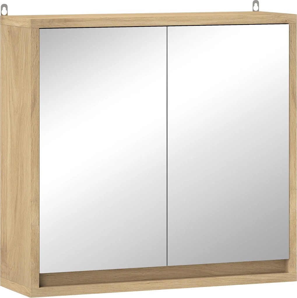 HOMCOM Koupelnová skříňka se zrcadlem, 2 dveřmi a nastavitelnou policí, závěsná koupelnová skříňka pro moderní koupelnu 48x14,5x45 cm, přirodní dřevo