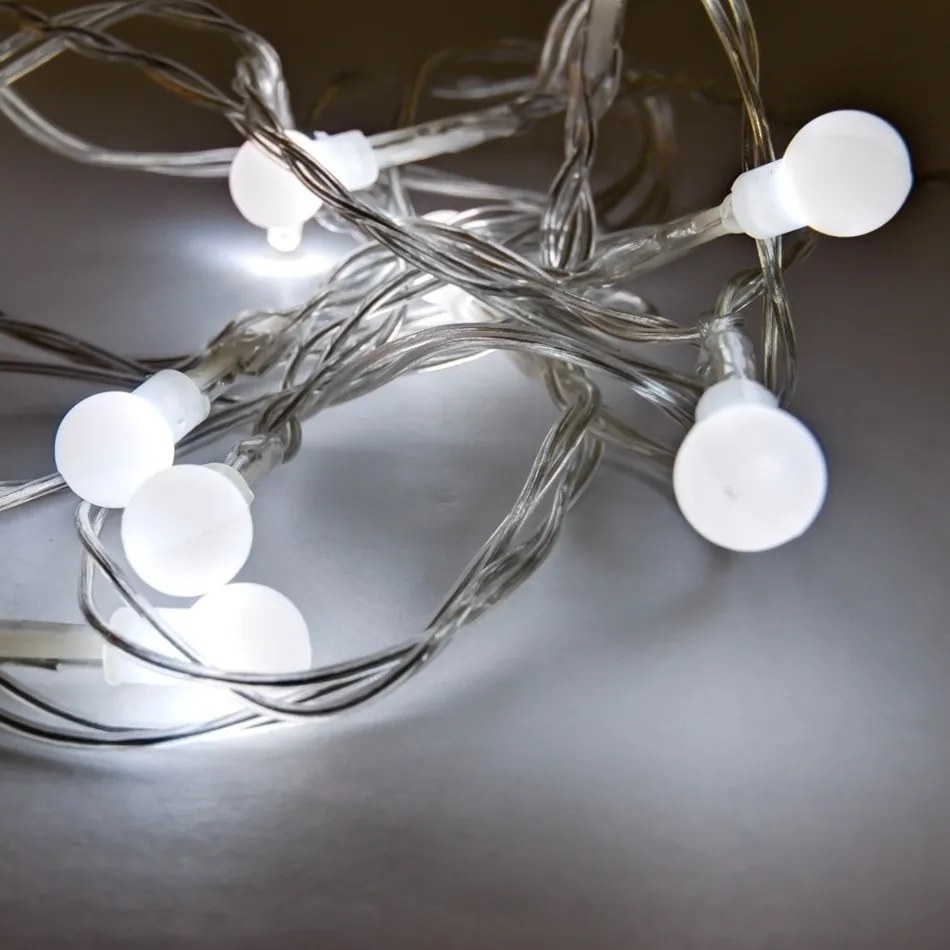 LED světýlka na baterie, kouličky, 2,1 m, ledově bílá, 10 diod, IP20 interiér, 3 × AA
