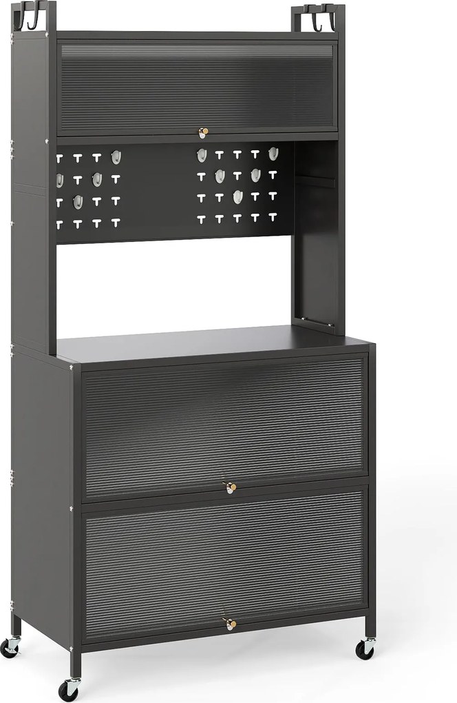 Costway Vysoká kuchyňská skříňka s kolečky a skládacími dvířky a pegboard