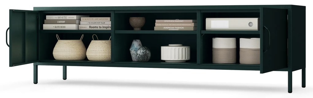 TV stolek kovový široký XL na nožkách, lahvově zelený, 1700x400x500 mm: ROSARIA