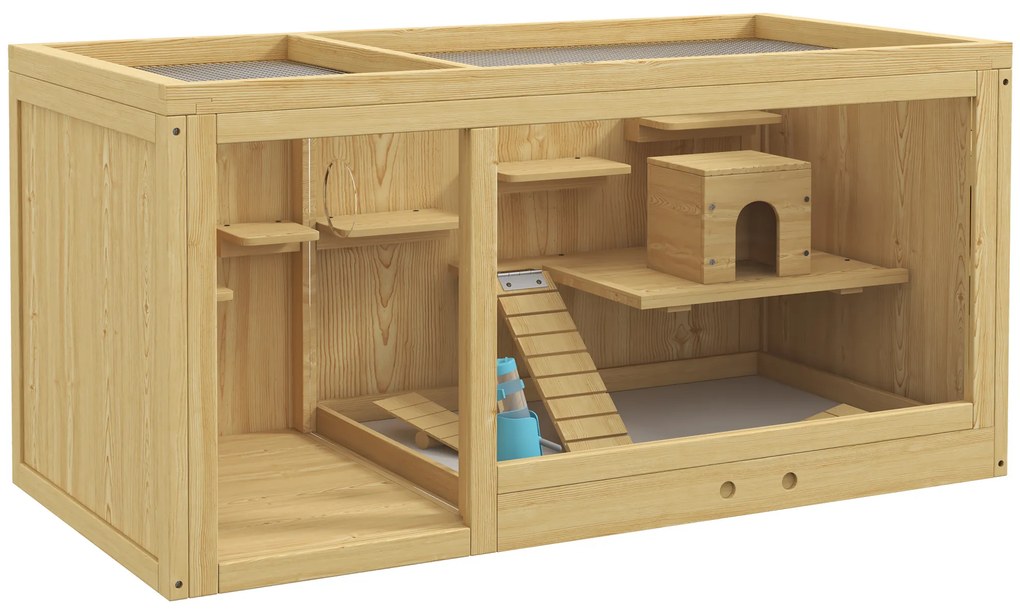 PawHut klec pro křečky dřevěná bouda pro malá zvířata, domeček pro pískomily, s houpačkami, žebříky, otevírací střechou, bouda, 100cm, přírodní