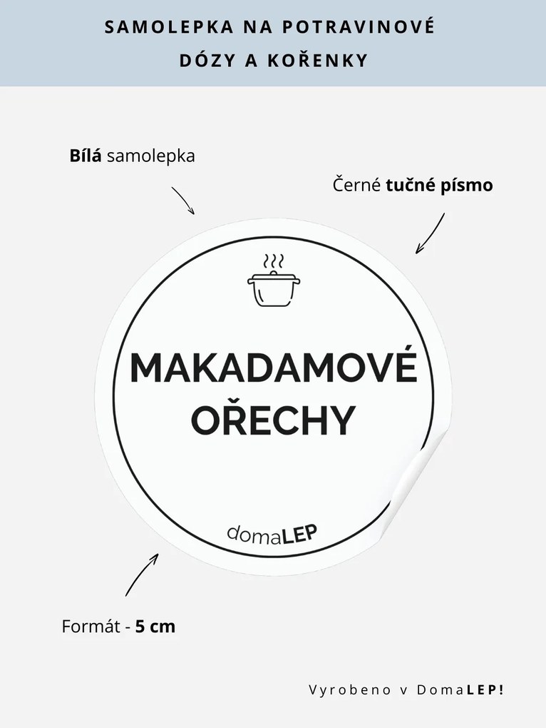 MAKADAMOVÉ OŘECHY – bílá samolepka na dózu, tučné písmo, 5 cm | DomaLEP