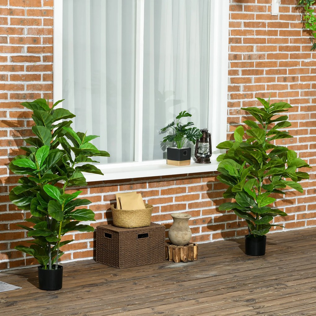 HOMCOM Sada 2 Dekorativních Umělých Rostlin 110x15 cm Umělé Fikusy se 90 Listy a Květináči pro Vnitřní Dekoraci do Obývacího Pokoje a Kanceláře Zelená