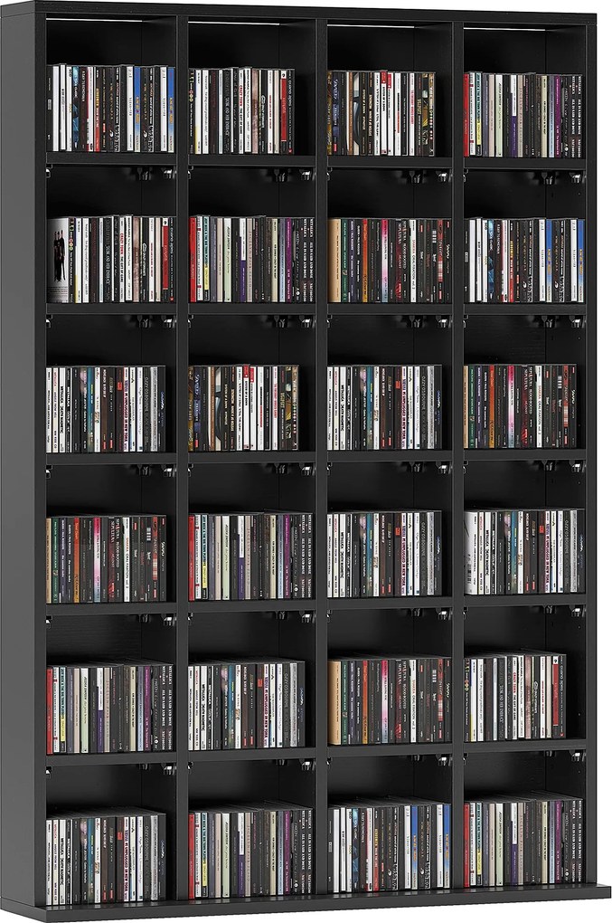 HOMCOM Knihovna na CD a DVD, Multimedia Skříň se 24 Přihrádkami, max. Kapacita 480 CD/312 DVD, Dřevěná Knihovna s Nastavitelnými Policemi, 89 x 20 x 1