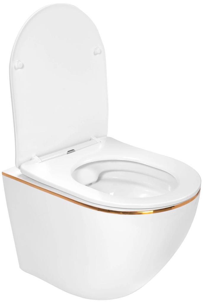 Rea CARLO mini - rimless závěsná WC mísa 49x37 s pomalu-padajícím sedátkem, bílá-zlatý okraj, REA-C1222