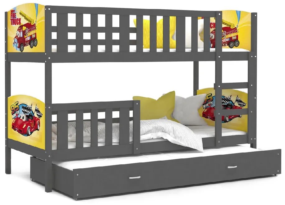 Expedo Dětská patrová postel DOBBY 3 COLOR s potiskem + matrace + rošt ZDARMA, 190x80, šedá/vzor D01/H08