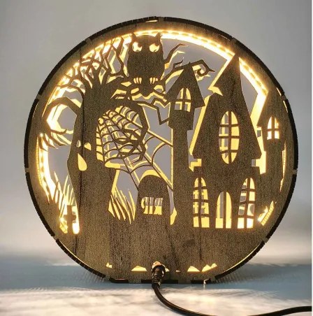 Dřevěná LED lampa Halloween - Strašidelný dům se sovou | SENTOP LED0619