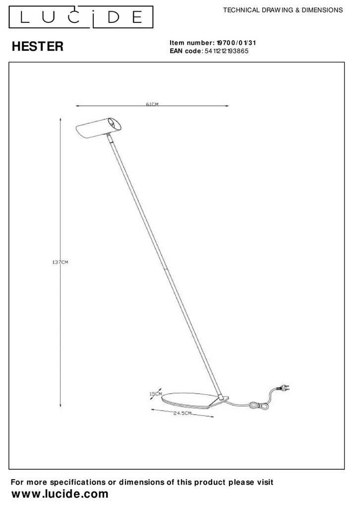 Lucide 19700/01/31 stojací lampa Hester, bílá, GU10, 137cm