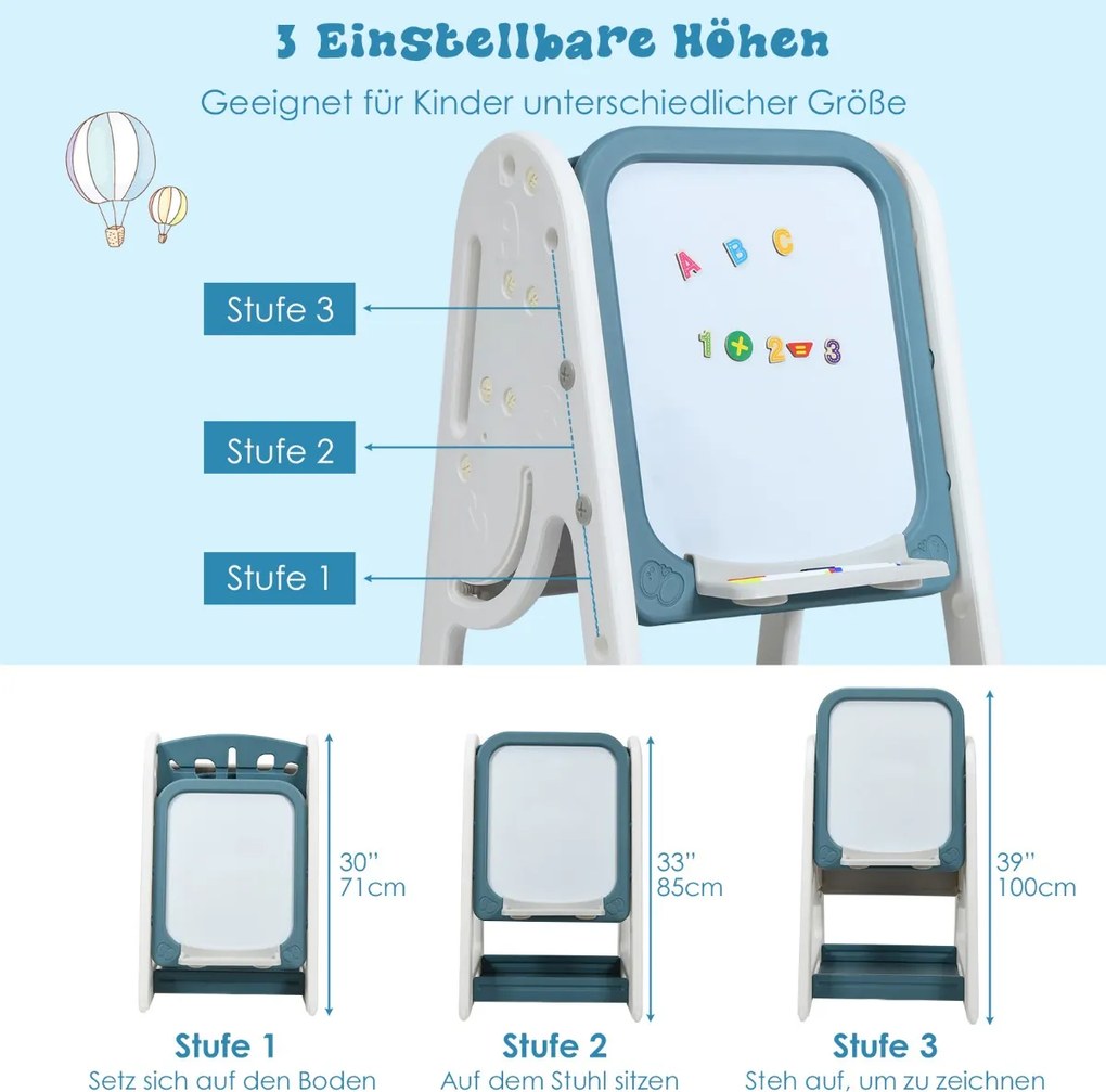 Costway Dětský umělecký stojan 2 v 1 oboustranná magnetická tabule, modrý
