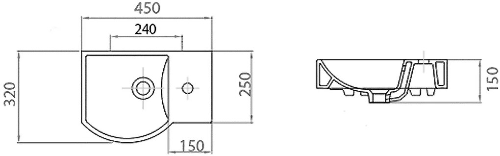 Sapho, LITOS keramické umyvadlo pravé, 45x32 cm, bílá
